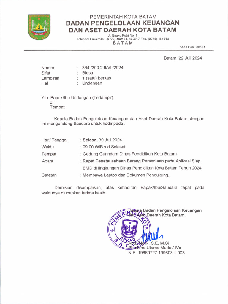 NO 864 Undangan Rapat Penata Usahaan Barang Persediaan Pada Aplikasi ...