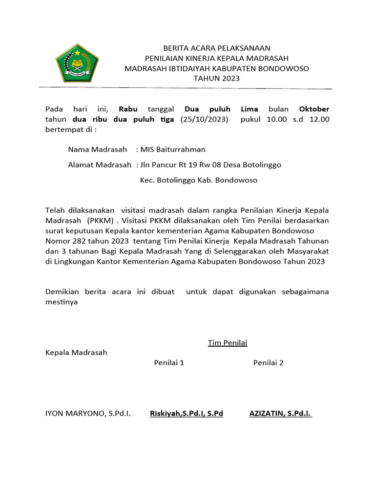Berita Acara PKKM 2023 | PDF