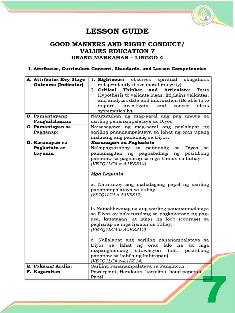 Lesson Guide: Good Manners and Right Conduct/ Values Education 7 | PDF
