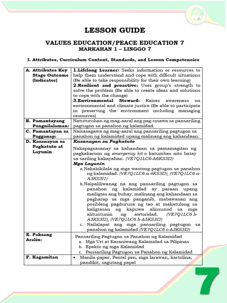Lesson Guide: Values Education/Peace Education 7 | PDF