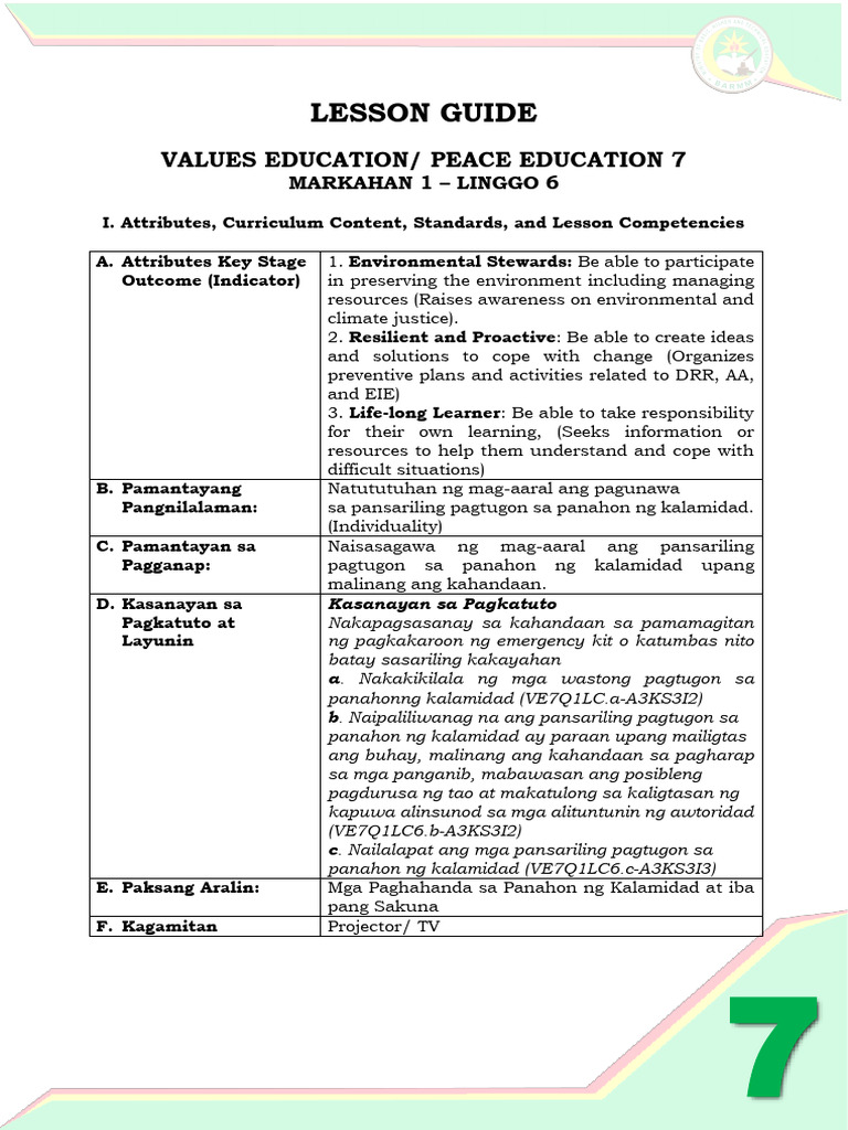 Lesson Guide: Values Education/ Peace Education 7 | PDF