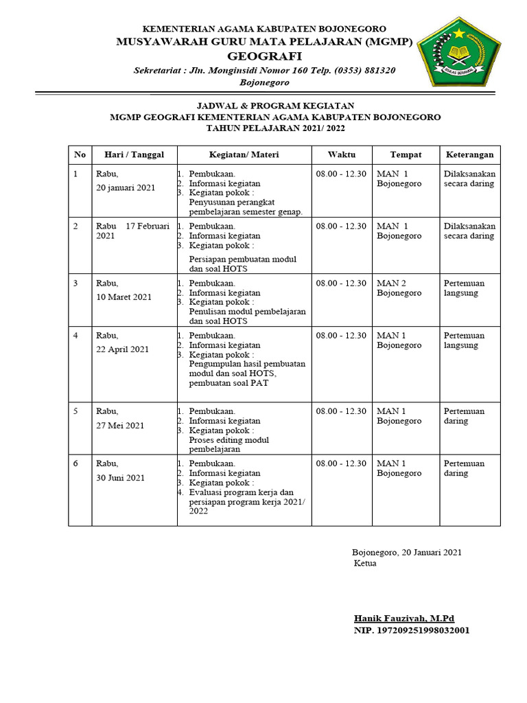Jadwal Kegiatan MGMP Geografi | PDF
