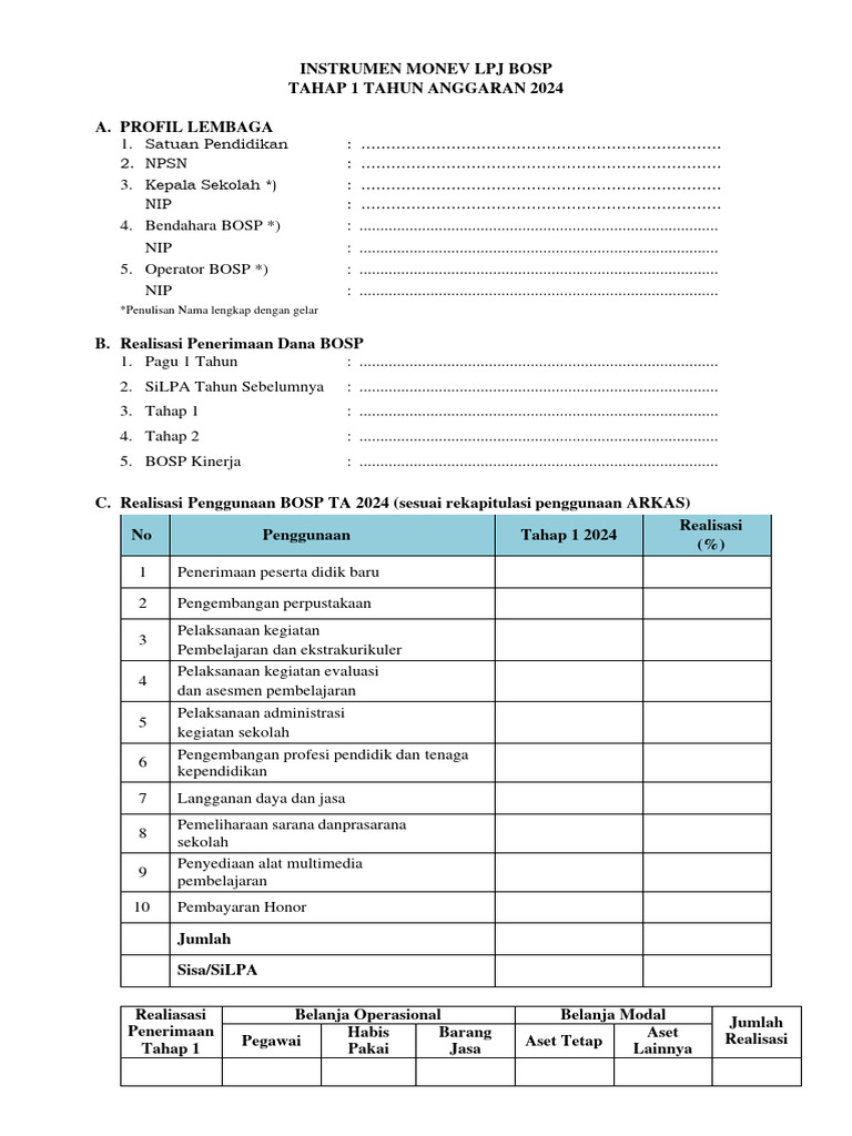 INSTRUMEN MONEV LPJ BOSP Untuk Sekolah | PDF | Pengelolaan Keuangan & Uang