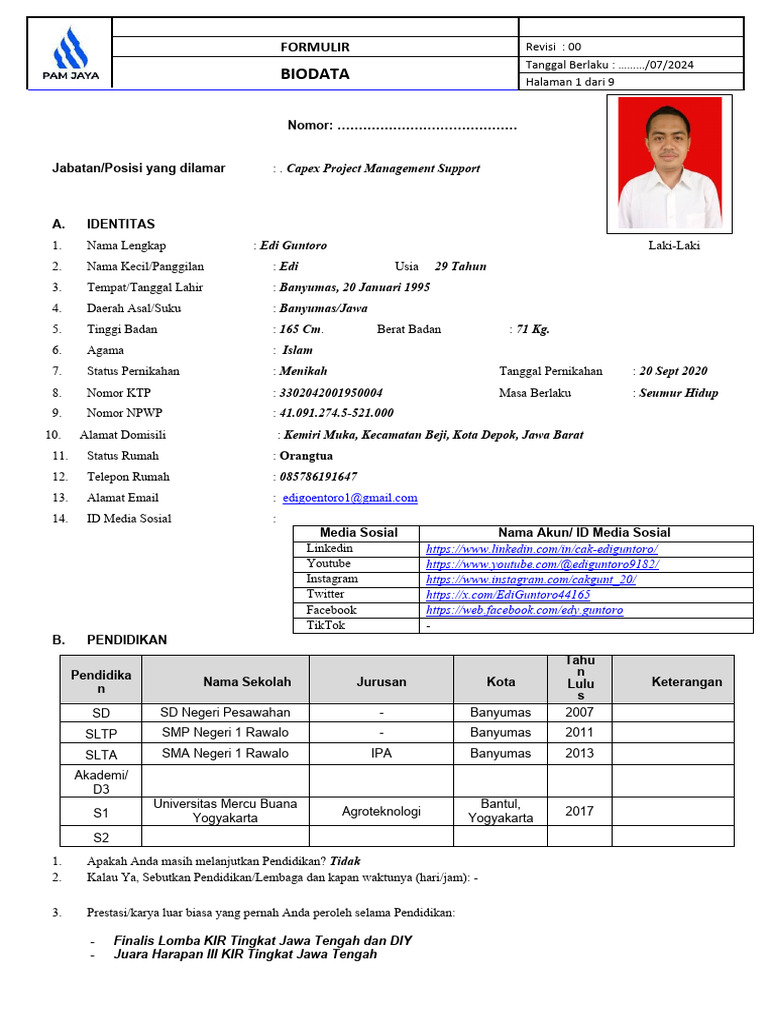 Biodata Lamaran Kerja PAM Jaya | PDF