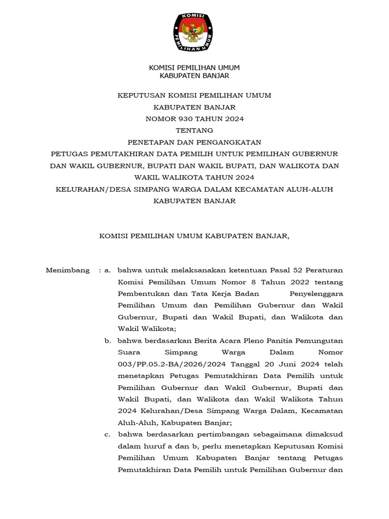 Format SK Penetapan Pantarlih SWD | PDF