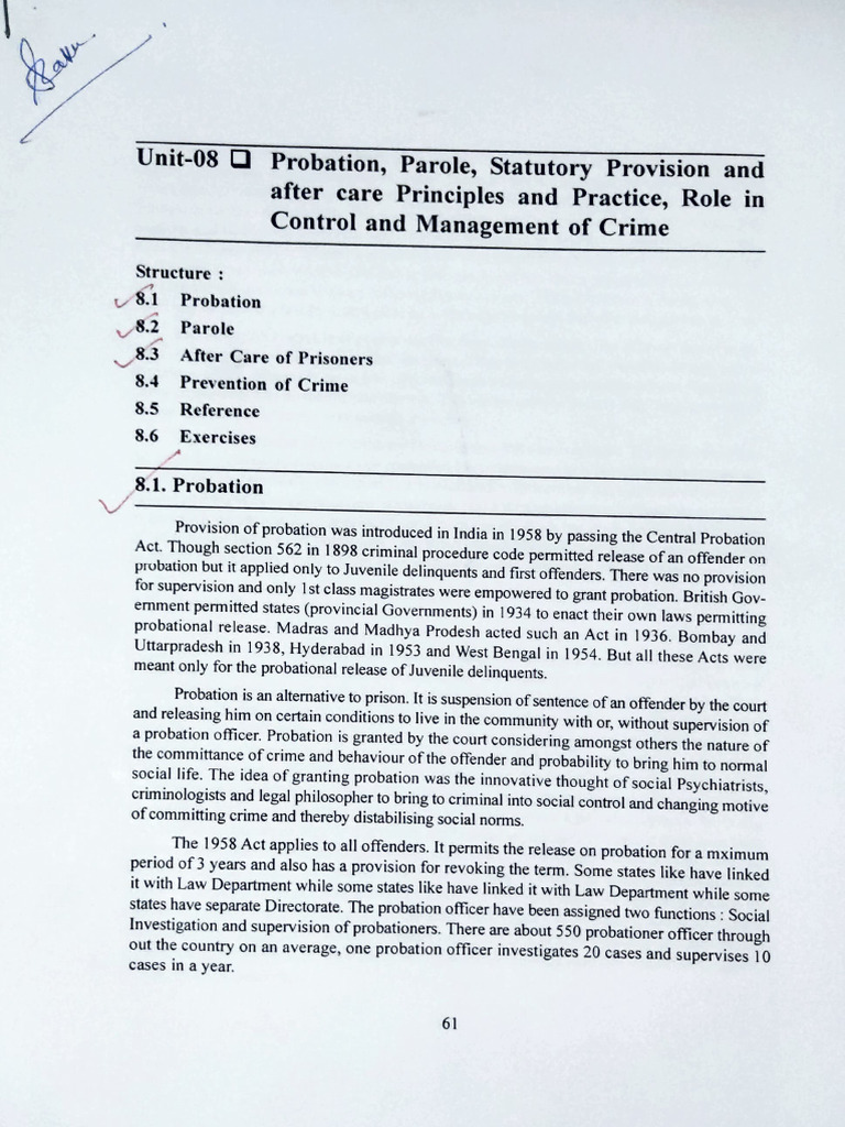 Probation, Parole, Statutory Provision and After Care Principles and Practice, Role in Control ...