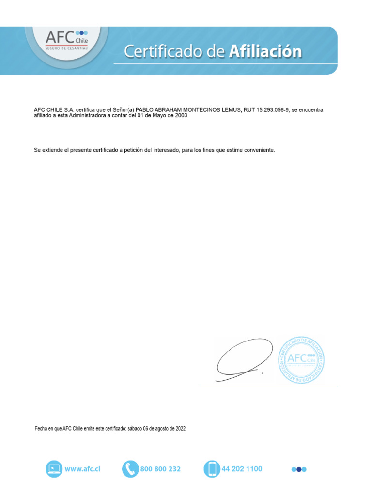 Certificado de Afiliación AFC Chile | PDF | Negocios | Finanzas y dinero