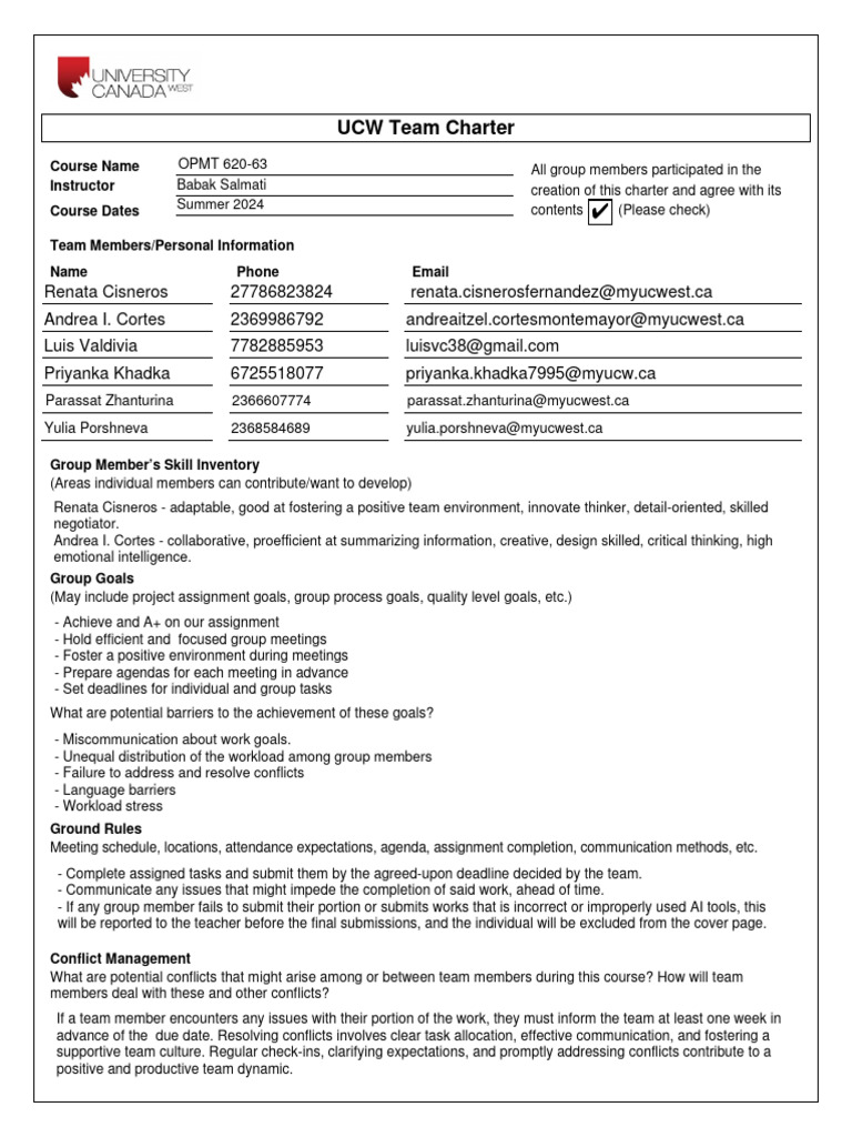 UCW Team Charter Optm1 | PDF | Critical Thinking | Social Psychology
