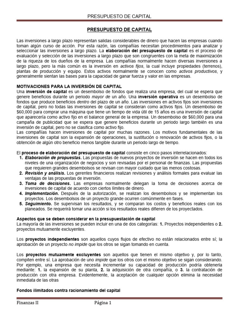 Presupuesto de Capital | PDF | Tasa interna de retorno | Inversiones