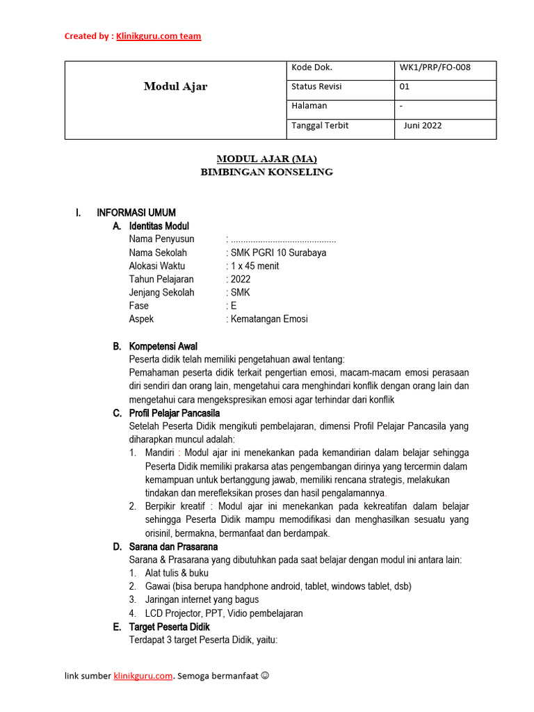 Modul Ajar Bimbingan Konseling Emosi | PDF