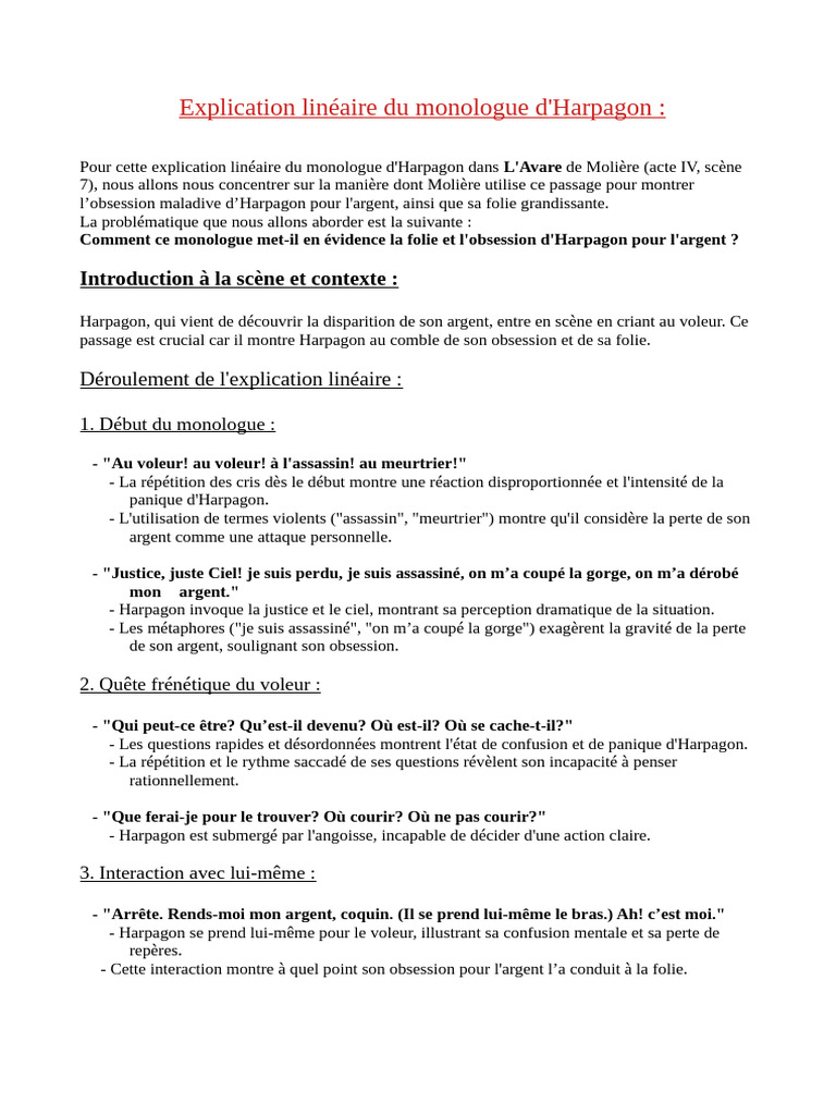 Monologue d'Harpagon : folie et obsession | PDF