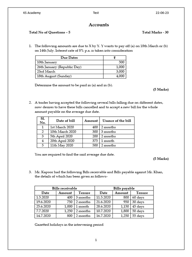 Accounts Class Test - ADD QP | PDF | Interest | Money