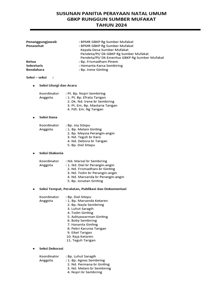 Susunan Panitia Natal 2024 | PDF