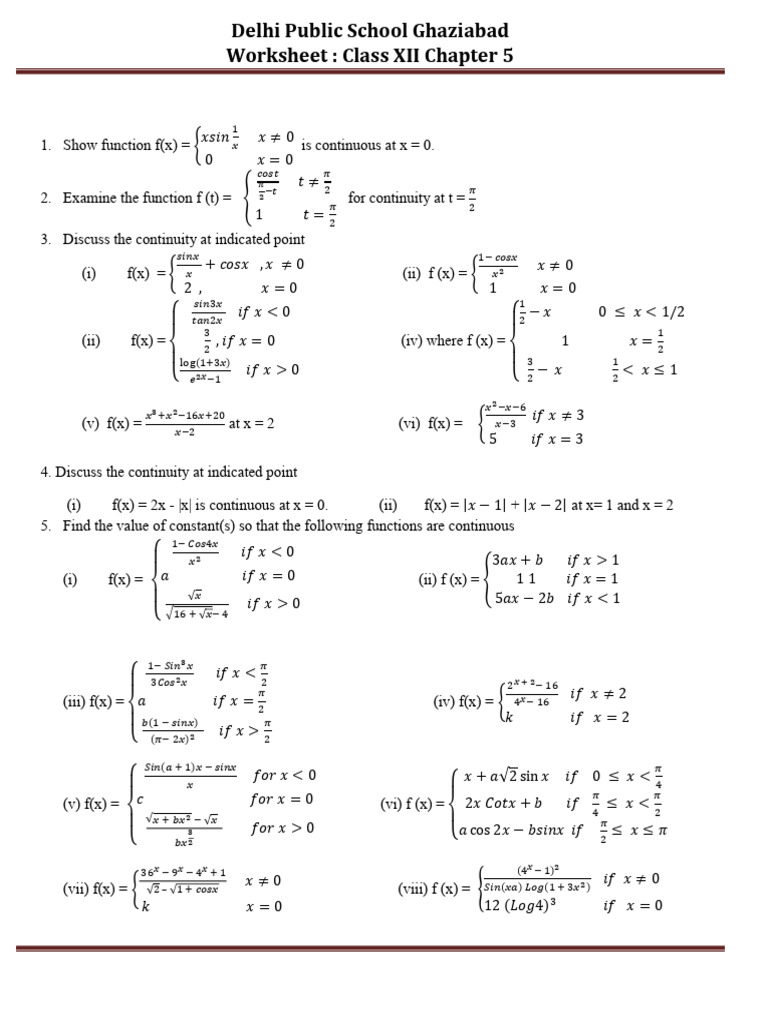Worksheet On Continuity & Differentiablity | PDF | Mathematics ...