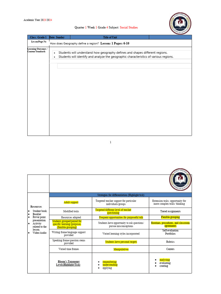 Chapter 1 Elementary Lesson Plans Social Studies Grade 4 Lesson 1 | PDF ...