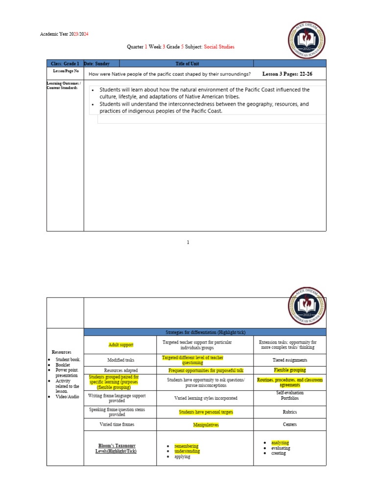 Grade 5 Social Studies: Native Cultures | PDF | Lesson Plan | Education ...