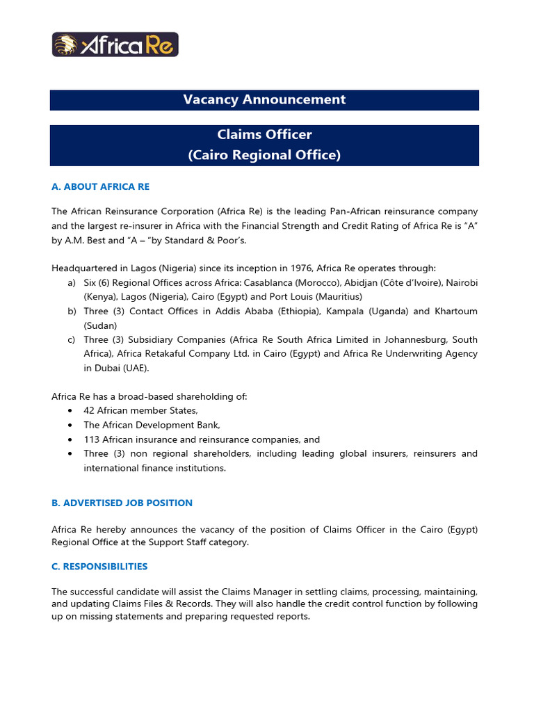 Vacancy - Claims Officer - Cairo, Egypt | PDF | Financial Services ...