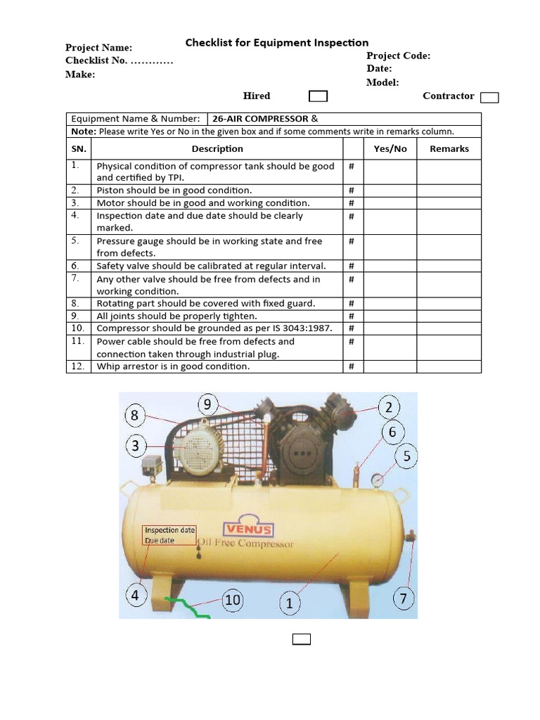 Checklist For Equipment Inspection Air Compressor | PDF