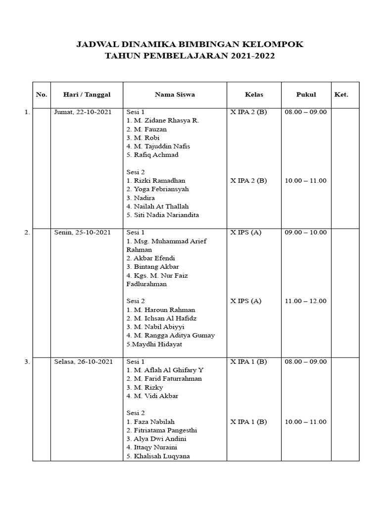 Jadwal Dinamika Kelompok Bimbingan | PDF