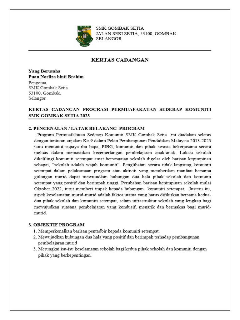 Kertas Kerja Program Permuafakatan Komuniti Setempat 2023 | PDF