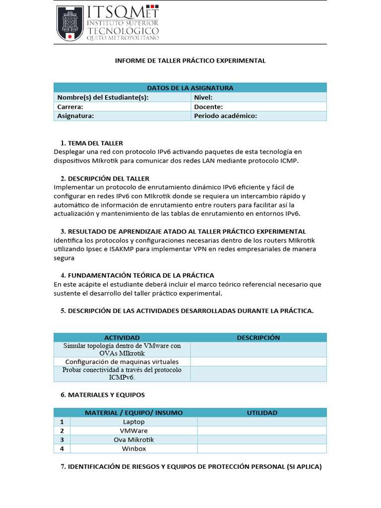 FORMATO TALLER PRACTICO EXPERIMENTAL | PDF | Yo Pv6 | Enrutador (Computación)