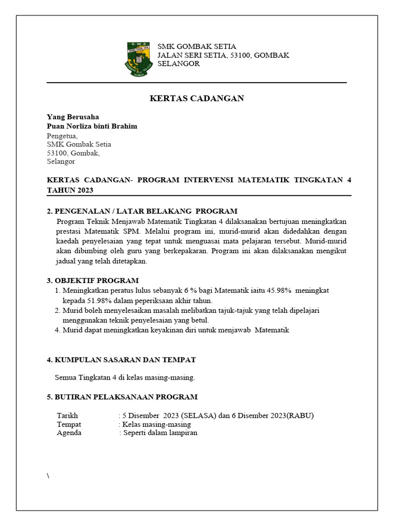 Kertas Kerja Program Intervensi Panitia Matematik Tingkatan 4 2023 | PDF