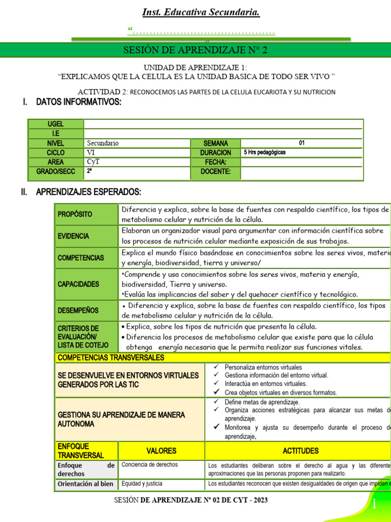 B2º Ses-Act 2-Cyt U1 | PDF | Biología Celular) | Aprendizaje