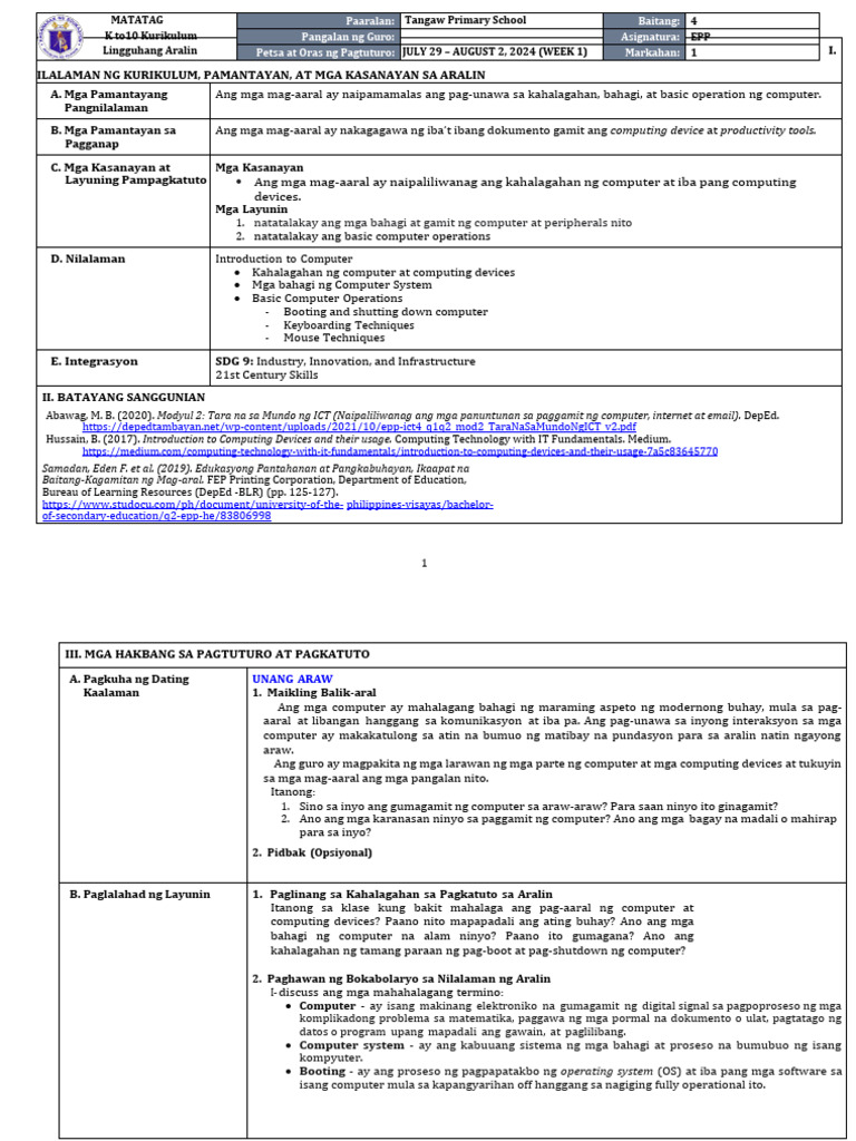 DLL Matatag - Epp 4 Q1 W1 | PDF