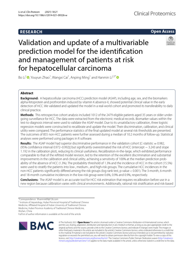 Validation and Update of A Multivariable Prediction Model For The Identification and Management ...