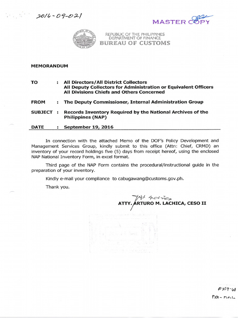 Mem 2016 09 021 Records Inventory Required by The National Archives of ...