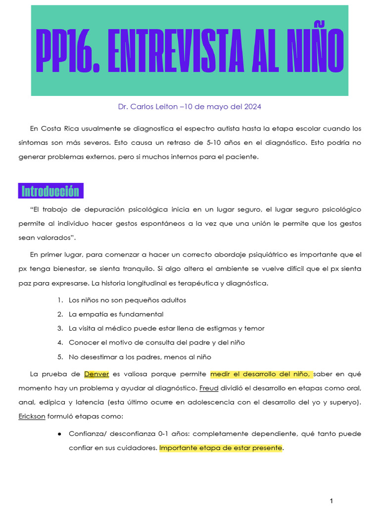 PP16. Entrevista Al Niño | PDF | Trastorno mental | Desorden hiperactivo y deficit de atencion