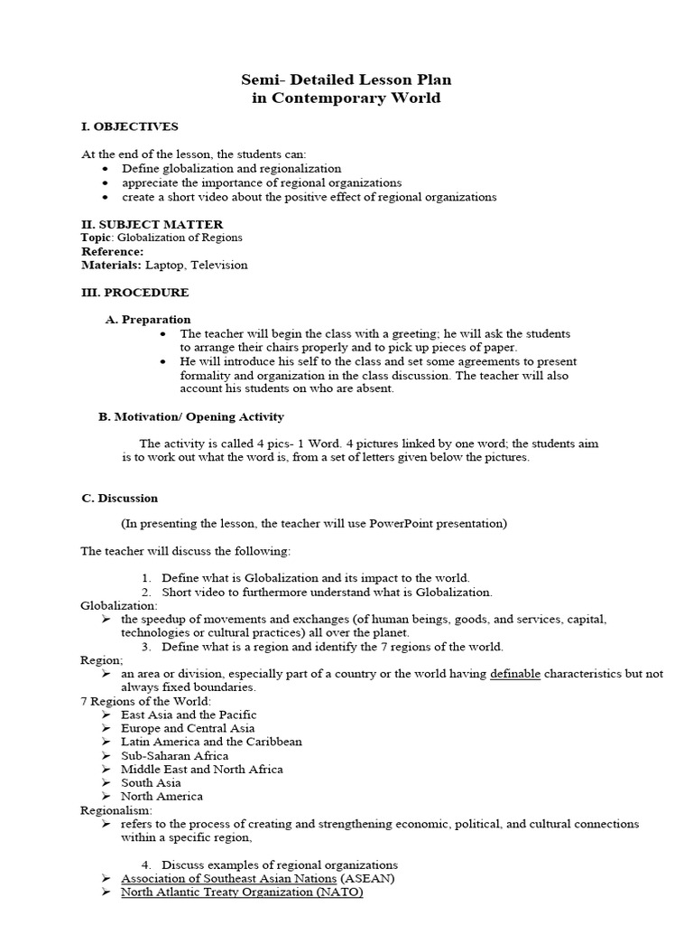 SEMI DETAILED LESSON PLAN | PDF | Globalization