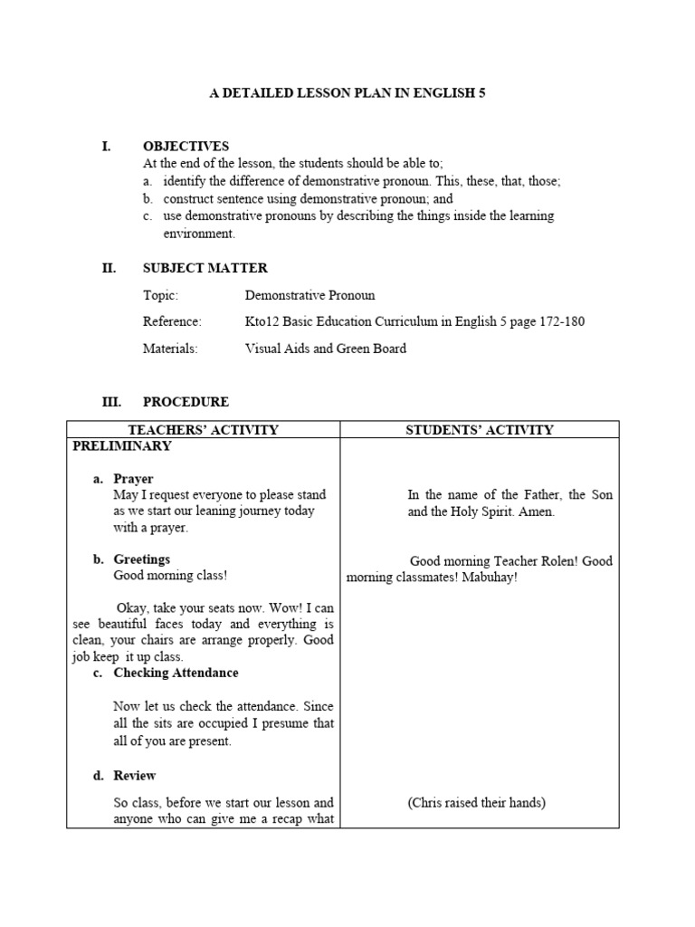 A Detailed Lesson Plan in English 5 | PDF | Grammatical Number | Plural