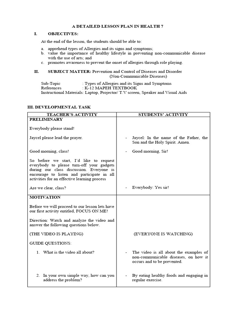 A DETAILED LESSON PLAN IN HEALTH 7 | PDF | Allergy | Allergen