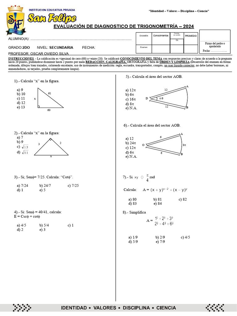 Examen Diagnostico 2do Sec Trigo | PDF | Pruebas | Métodos de evaluación