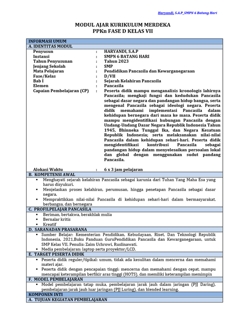 Modul Ajar PPKN Kelas 7 Bab 1 | PDF