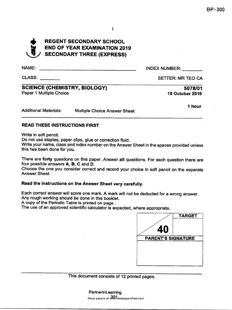 Sec3 Sci Chem 2019 SA2 Regent | PDF