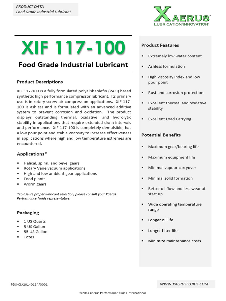 Xaerus_PDS_XIF 117-100 | PDF | Lubricant | Viscosity
