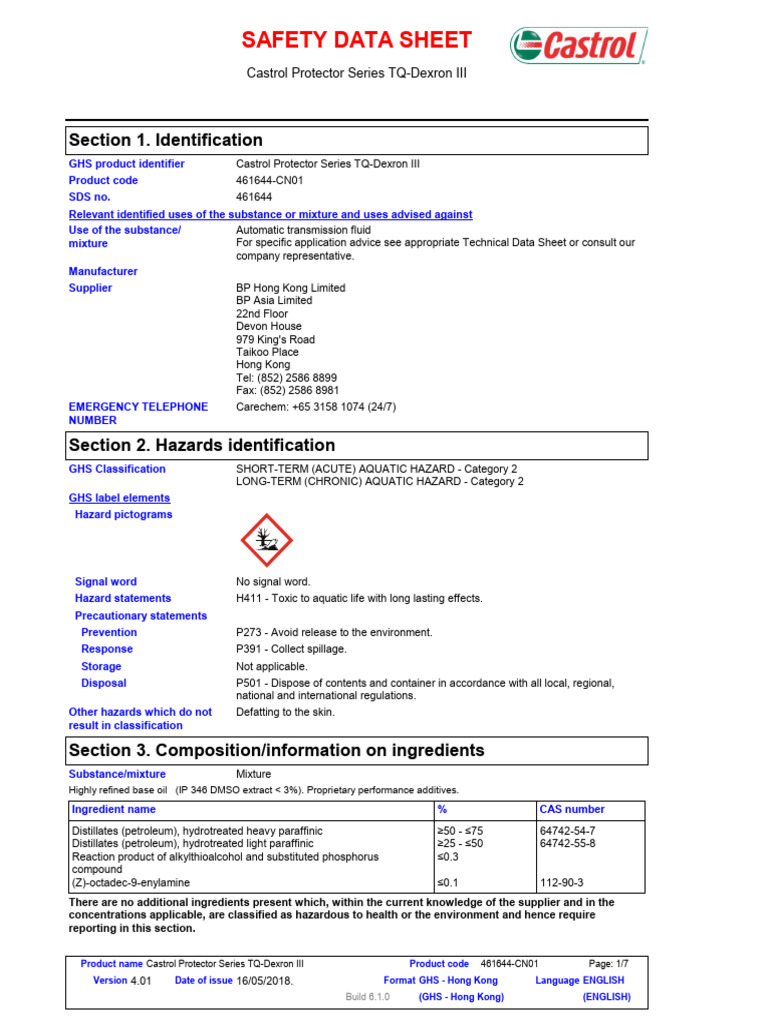 Castrol Protector Series ATF TQ-DIII | PDF | Occupational Safety And ...