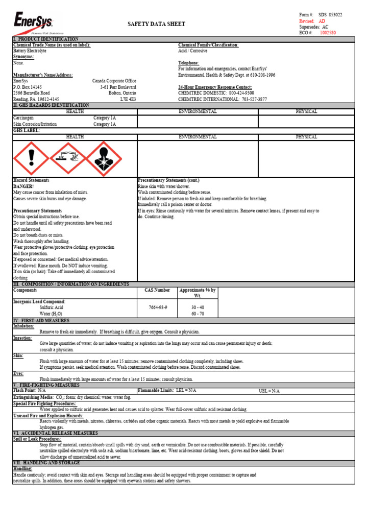 Battery Electrolyte Enersys | PDF | Dangerous Goods | Sulfur