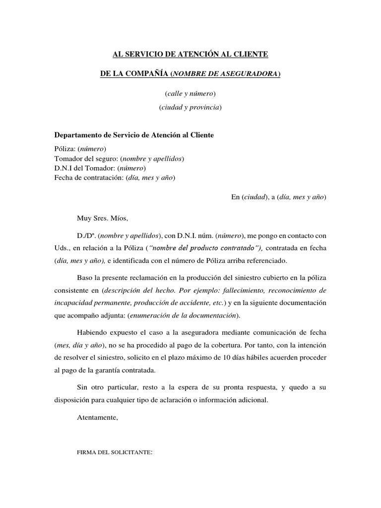 Modelo Reclamacion Servicio Atencion Al Cliente Seguro | PDF