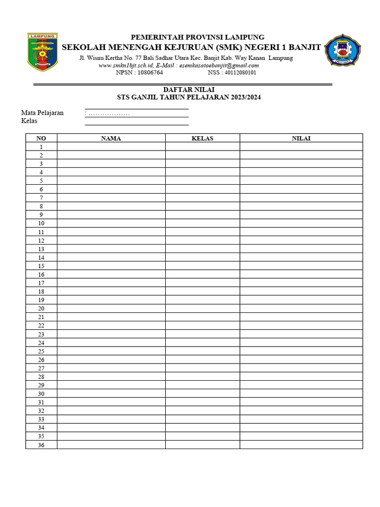 Format Daftar Nilai STS | PDF