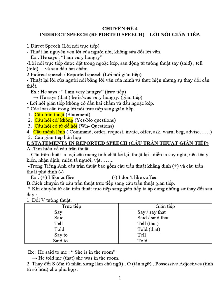 CHUYÊN ĐỀ 4 - REPORTED SPEECH | PDF