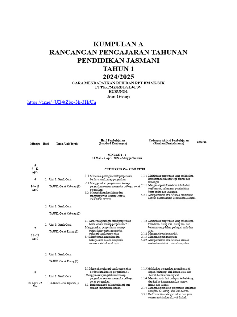 RPT PJ THN 1 2024 2025 | PDF