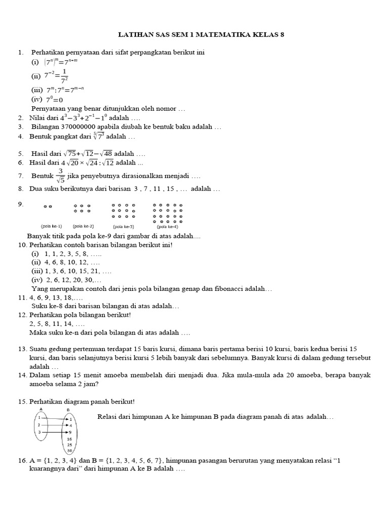 Soal Latihan SAS 1 MTK Kelas 8 | PDF