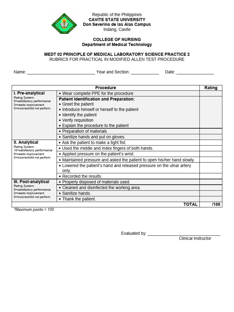 Rubrics Modified Allen Test | PDF | Hand | Medical Specialties