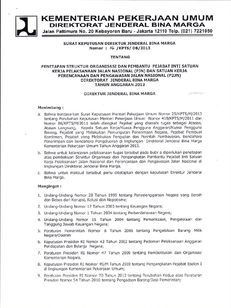 SK DJBM No.16 Tahun 2013 - Penetapan Struktur Organisasi Satker PJN Dan ...