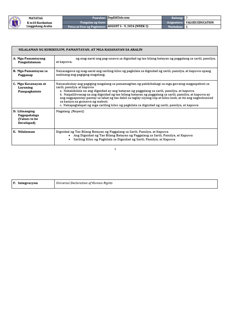 DLL Matatag - Values Education 7 Q1 W2 | PDF