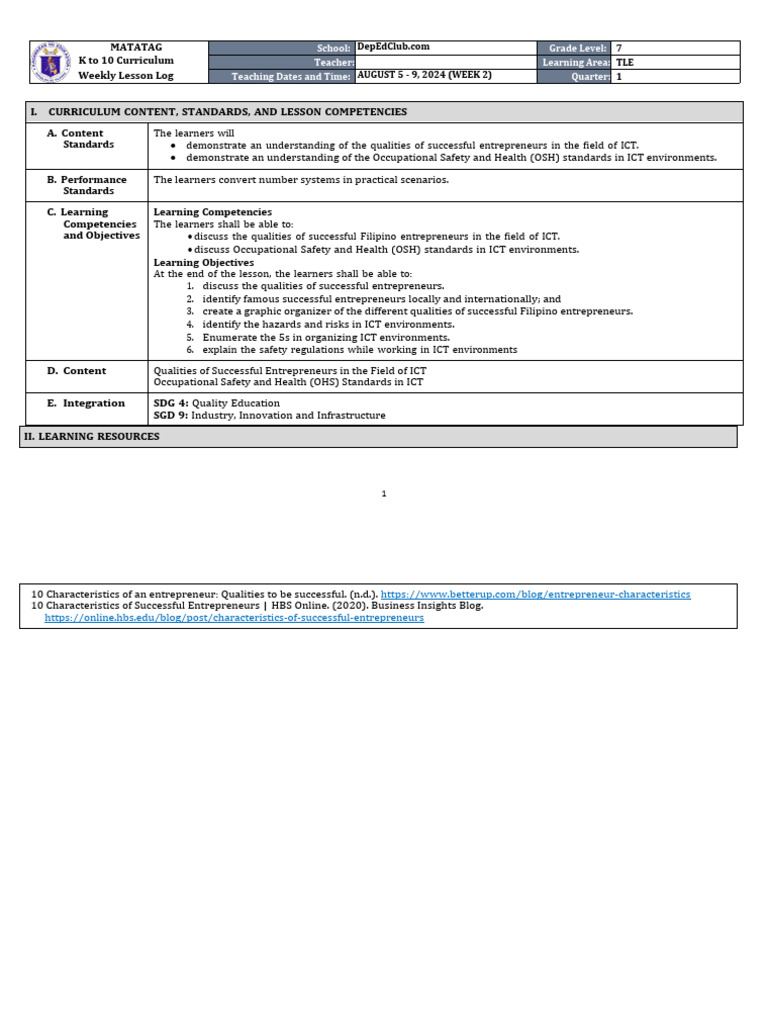 DLL Matatag - Tle 7 q1 w2 | PDF | Educational Technology | Entrepreneurship DLL Matatag - Tle 7 q1 w2 | PDF | Educational Technology | Entrepreneurship