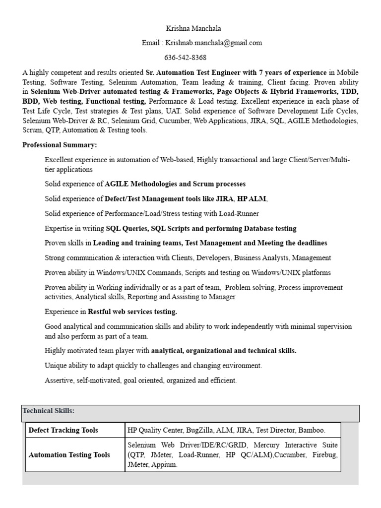 Sr. Automation Test Engineer Resume | PDF | Selenium (Software ...